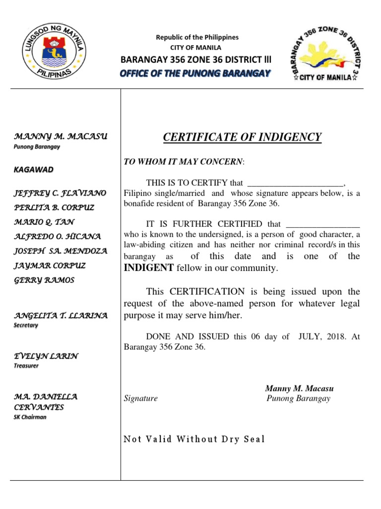 Certificate of Indigency | PDF | Philippines | Government