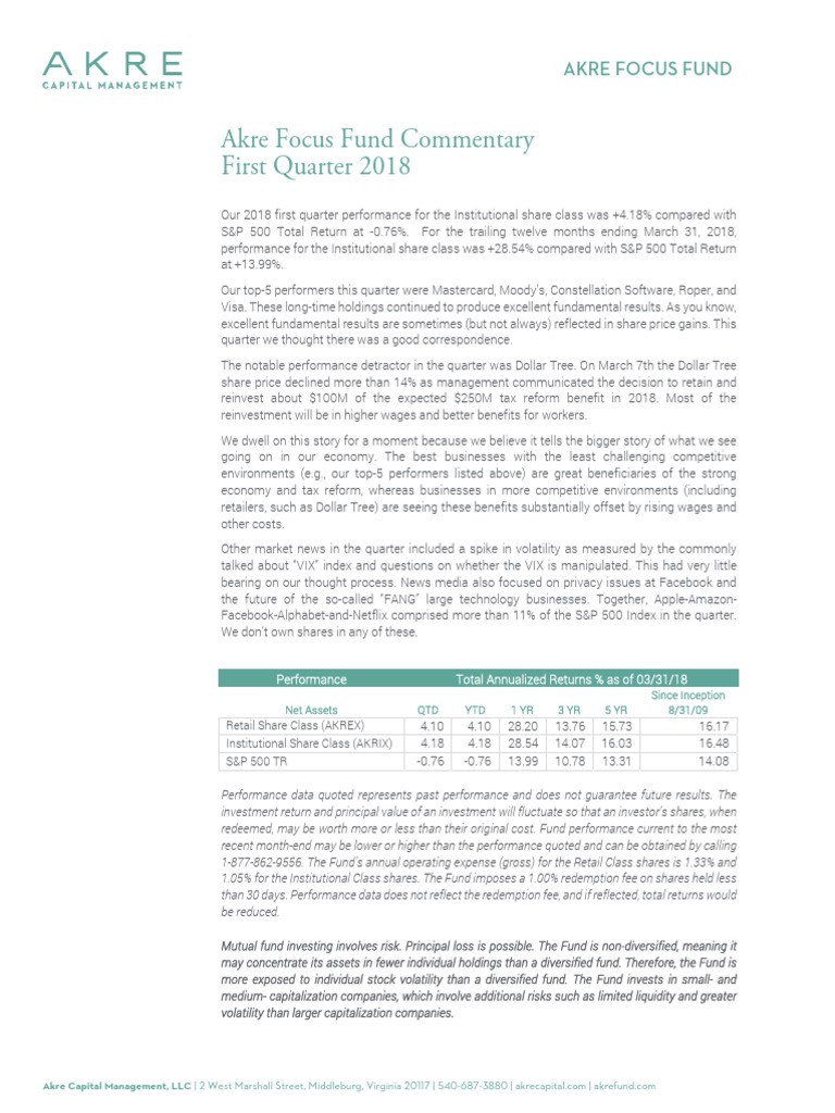 Akre Fund Q1 2018 Performance Review | PDF | S&P 500 Index | Vix