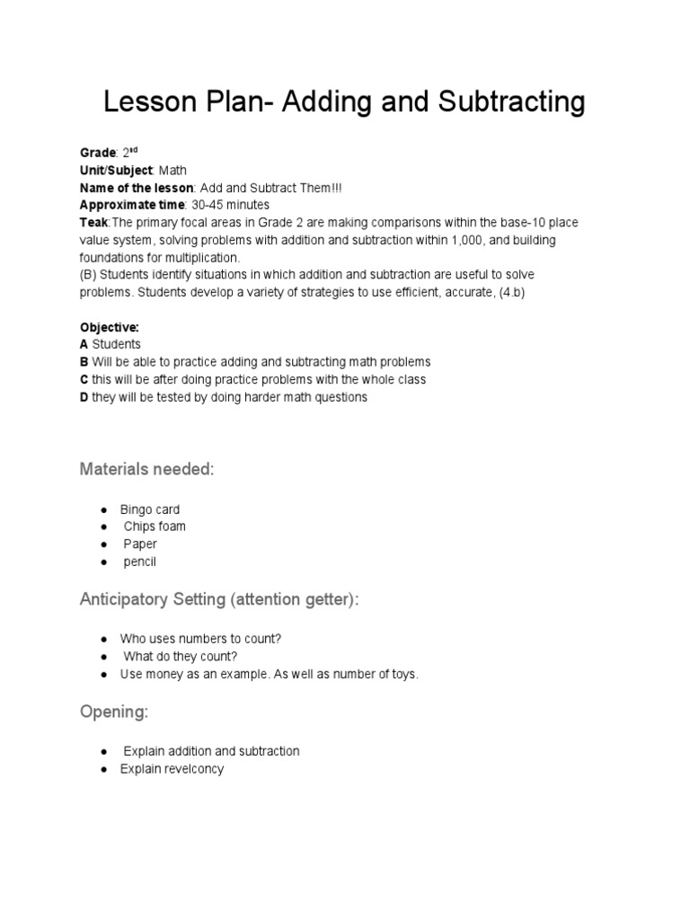 Lesson Plan - Adding and Subtracting Bingo | PDF