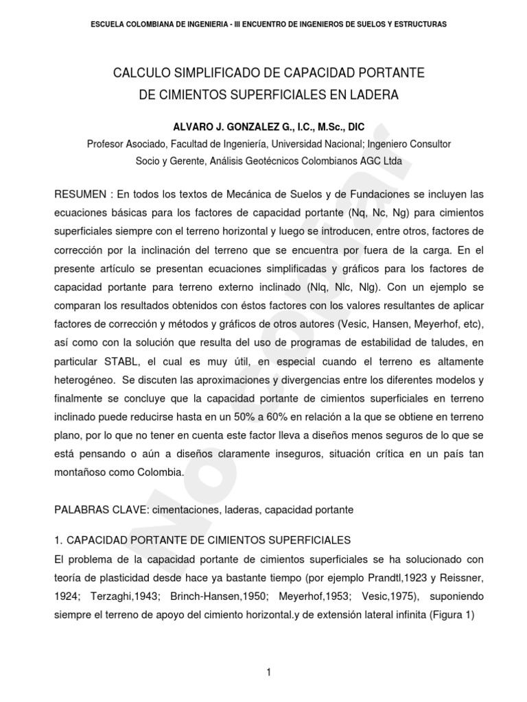 Calculo Simplificado Capacidad Portante PDF | PDF | Fundación (Ingeniería) | Plasticidad (Física)