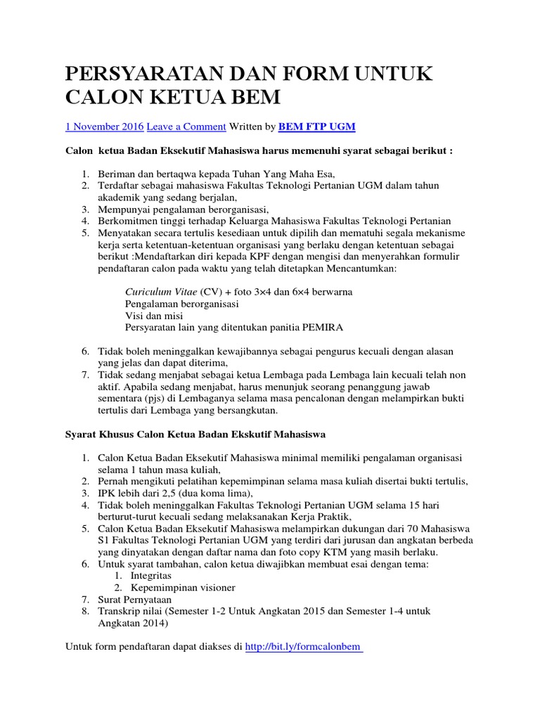 Persyaratan Dan Form Untuk Calon Ketua Bem Pdf