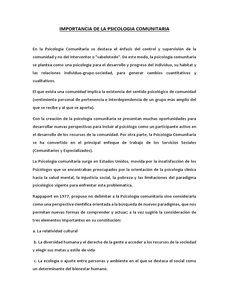 Importancia de La Psicologia Comunitaria | PDF | Sicología | Comunidad