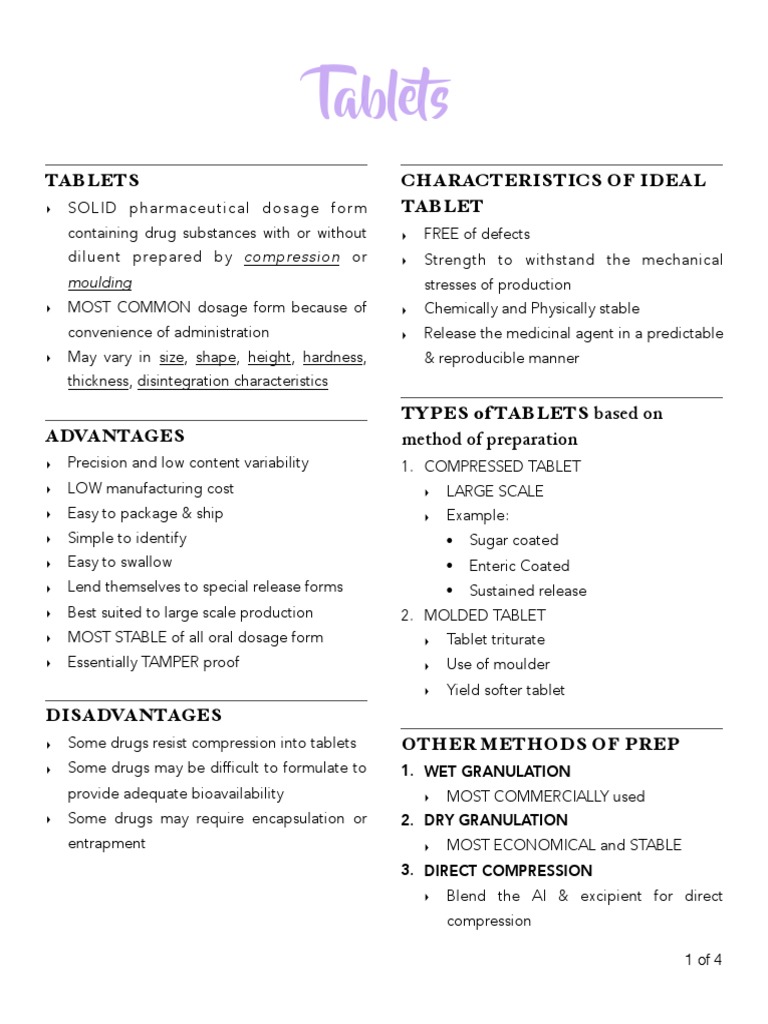 Tablets: Tablets Characteristics of Ideal Tablet | PDF | Tablet (Pharmacy) | Chemistry