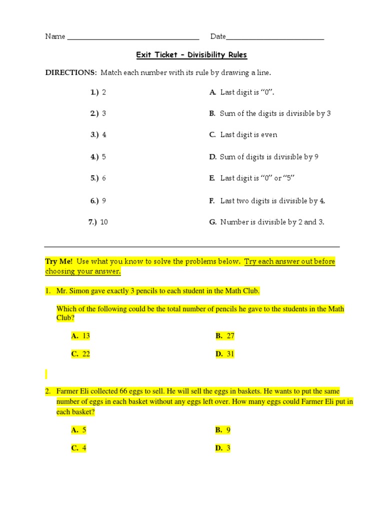 Divisibility Rules Exit Ticket | PDF | Teaching Methods & Materials