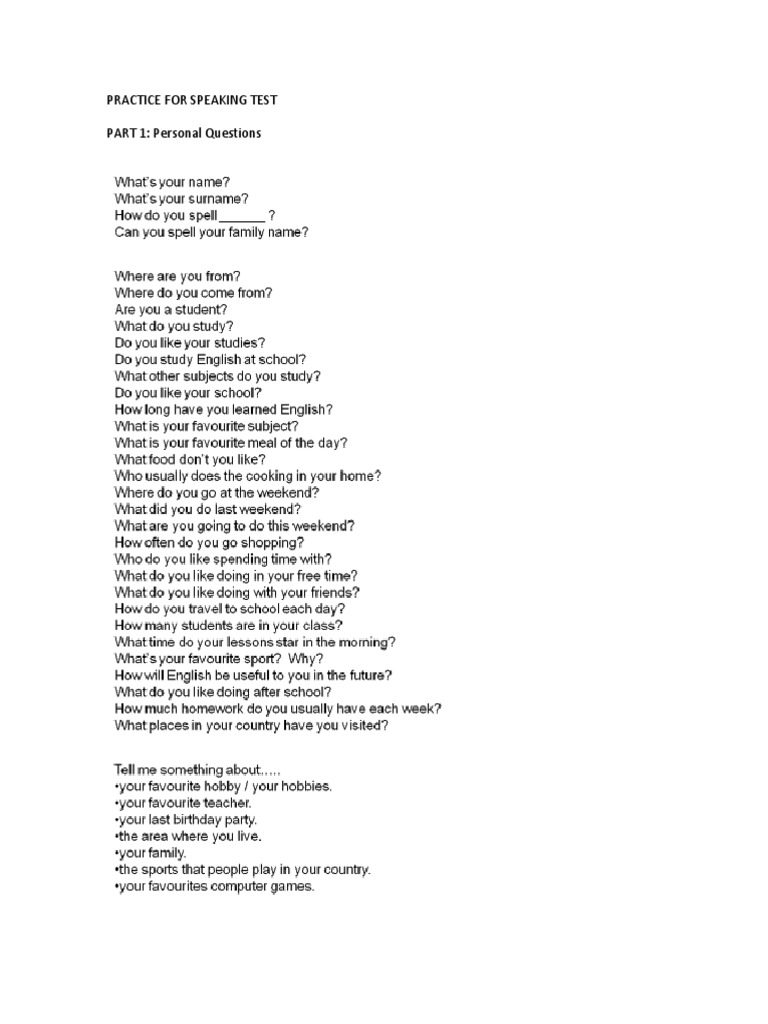 Practice For Speaking Test PART 1: Personal Questions | PDF | Language ...