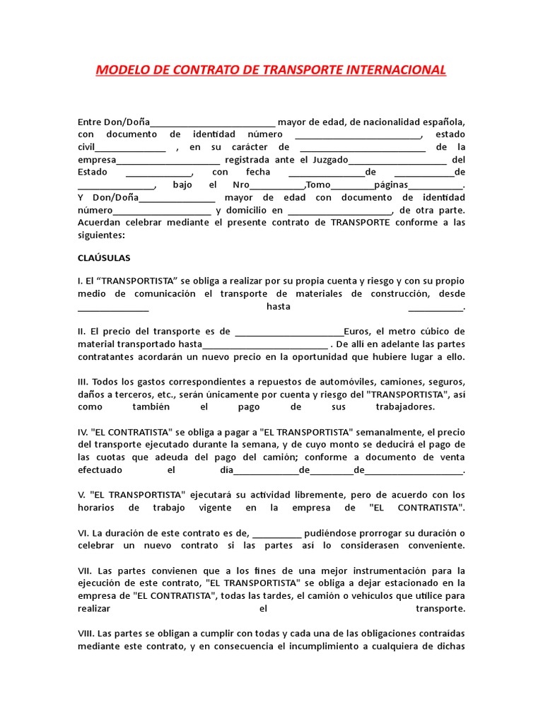 Modelo de Contrato de Transporte Internacional | Transporte | Gobierno