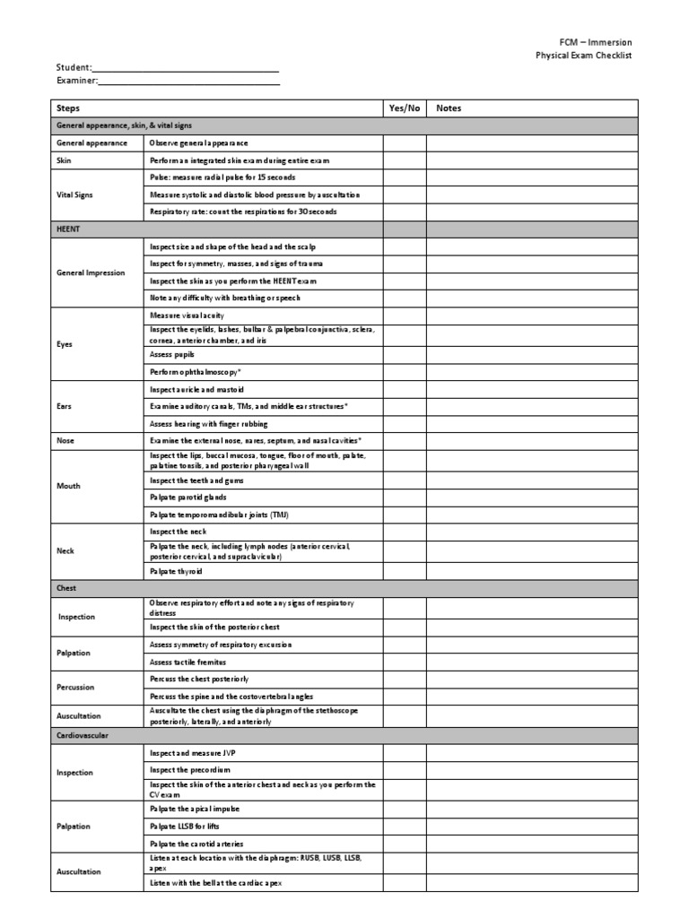Immersion Physical Exam Final - Checklist | PDF | Neck | Anatomical Terms Of Motion