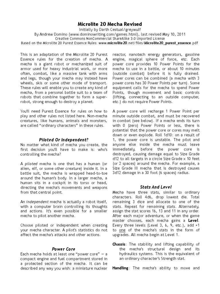 Microlite 20 Mecha Revised: Creative Commons Noncommercial Sharealike 3.0 Unported License | PDF ...