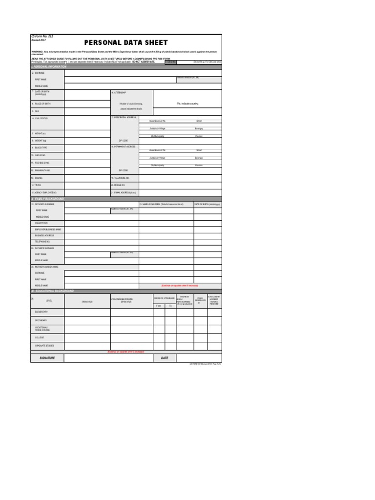 CS Form No. 212 Personal Data Sheet - Excel Format2 | PDF | Government ...