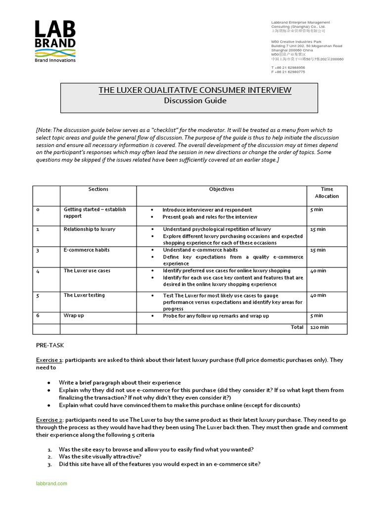 The Luxer Qualitative Consumer Interview Discussion Guide | PDF | E ...