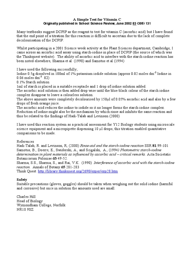 Vitamin C Simple Test | PDF | Iodine | Vitamin C