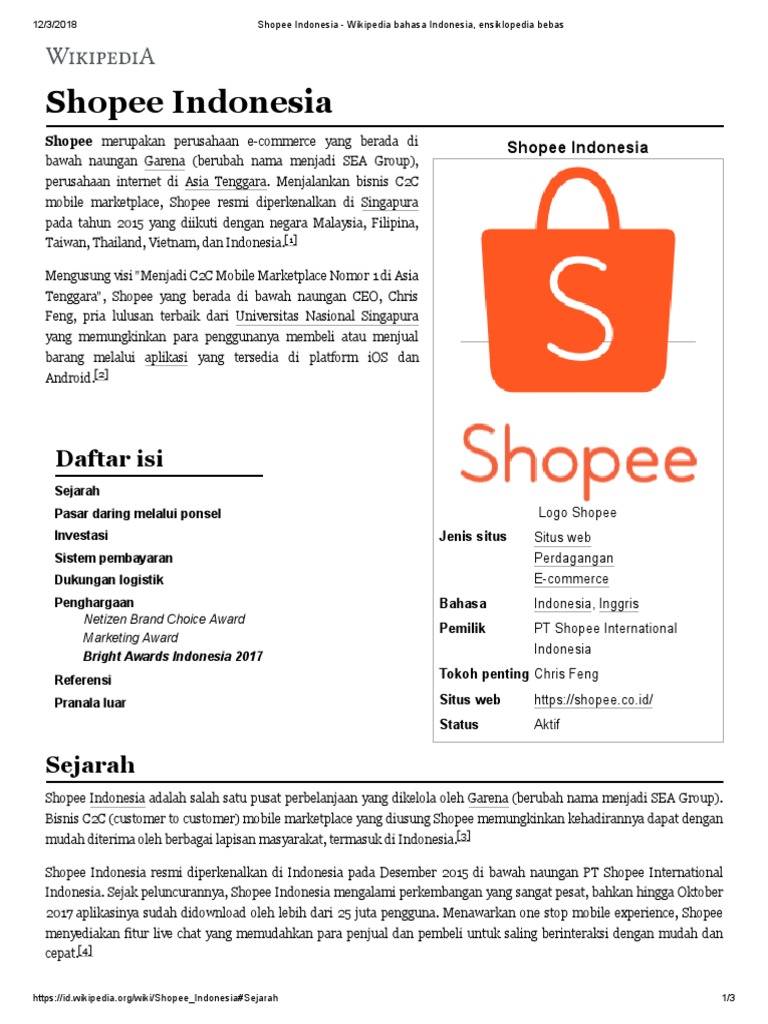 Shopee Indonesia - Wikipedia Bahasa Indonesia, Ensiklopedia Bebas | PDF