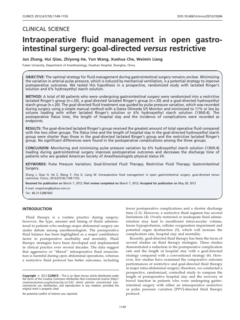 Intraoperative Fluid Management in Open Gastro-Intestinal Surgery: Goal ...