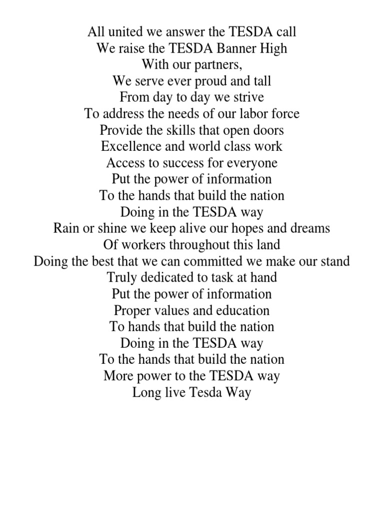 Tesda Hymn Lyrics