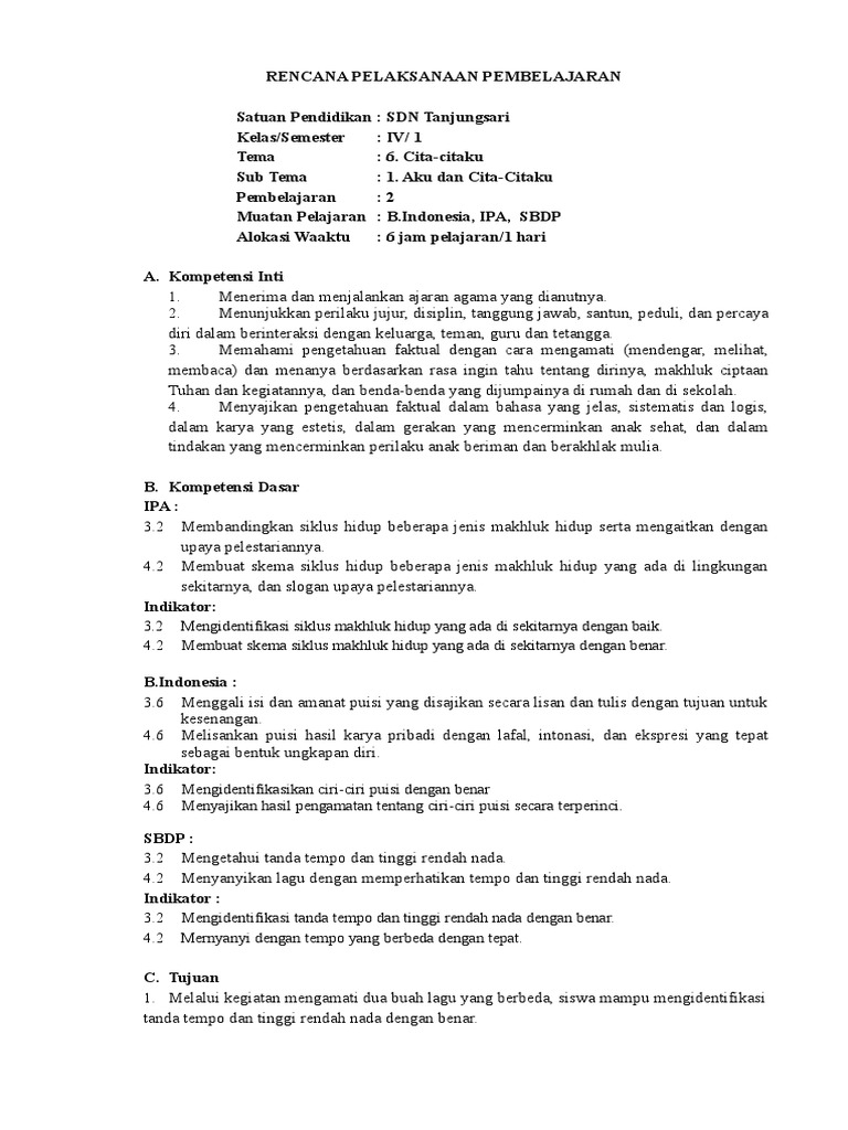 RPP Kelas 4 Tema 6 Sub Tema 1 Pembelajaran 2 | PDF | Seni & Disiplin Bahasa | Kajian Bahasa Asing