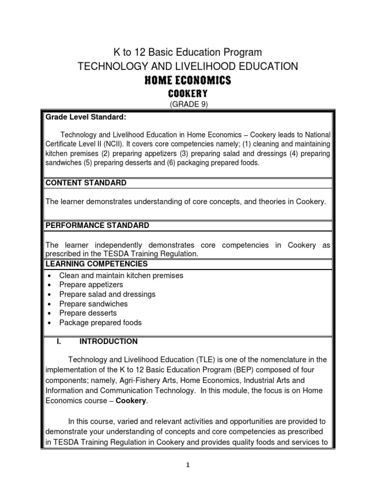 Grade 9 Cookery Curriculum Guide | PDF | Salad | Home Economics