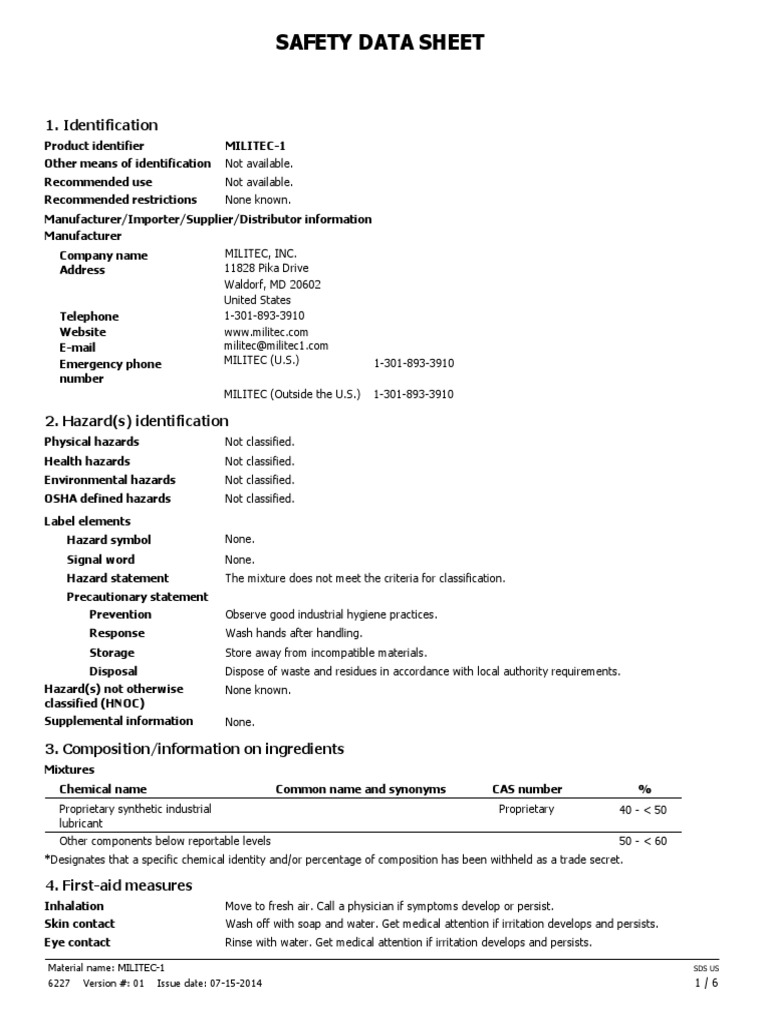 Safety Data Sheet: 1. Identification | PDF | Dangerous Goods | Personal ...