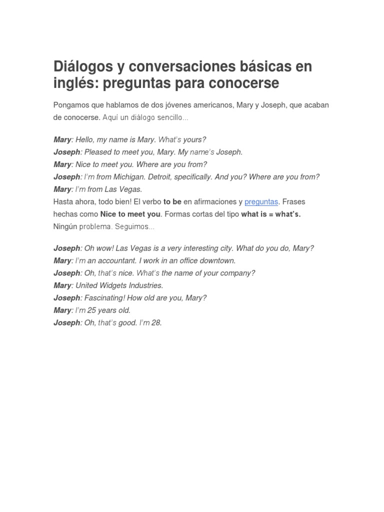 Diálogos Y Conversaciones Básicas En Inglés Preguntas Para Conocerse Pdf