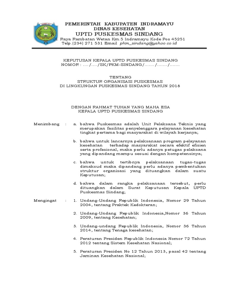 021 SK Struktur Organisasi Puskesmas (Dinkes) | PDF