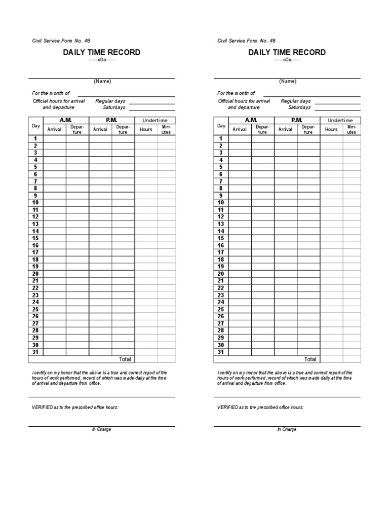 CSCForm48 DailyTimeRecord (DTR) | PDF | Teaching Mathematics