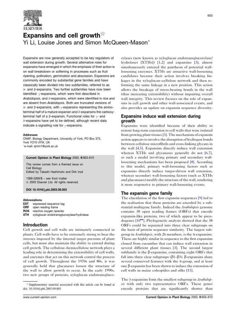 Expansins and Cell Growth | PDF | Gene | Arabidopsis Thaliana