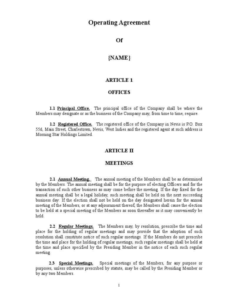 Nevis LLC Operating Agreement Template | PDF | Proxy Voting | Indemnity