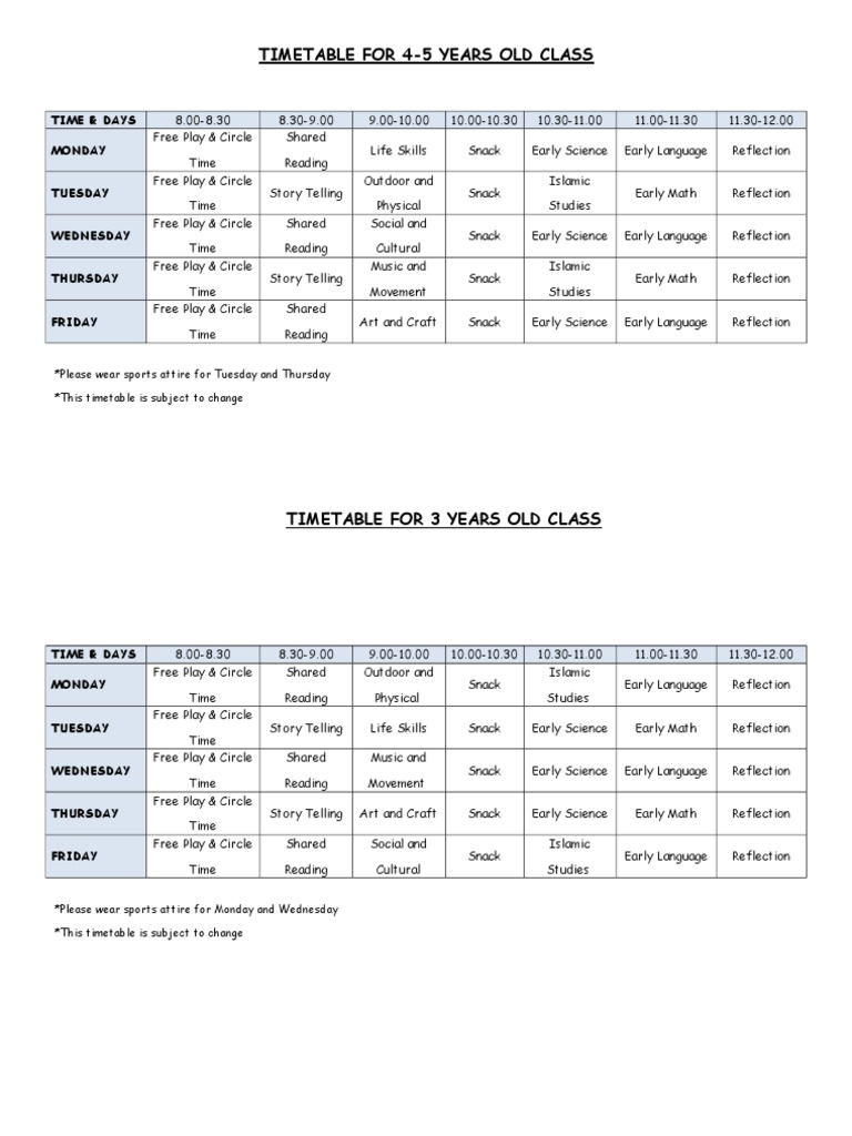 Timetable for Nursery Classes | PDF