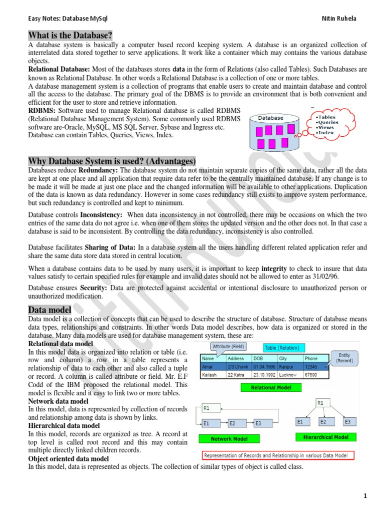 Informatics Practices Class 11th Notes Unit 3 Part 1 Mysql Pdf Sql Relational Database