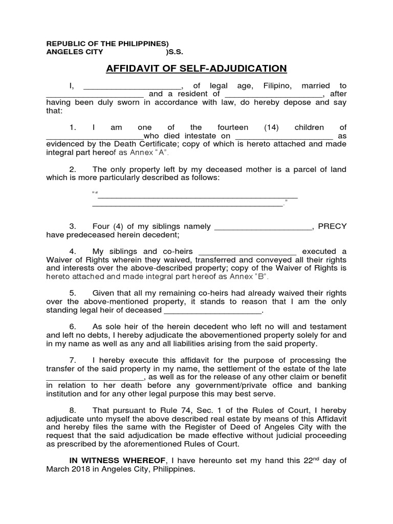 Affidavit of Self-Adjudication: Republic of The Philippines) Angeles ...