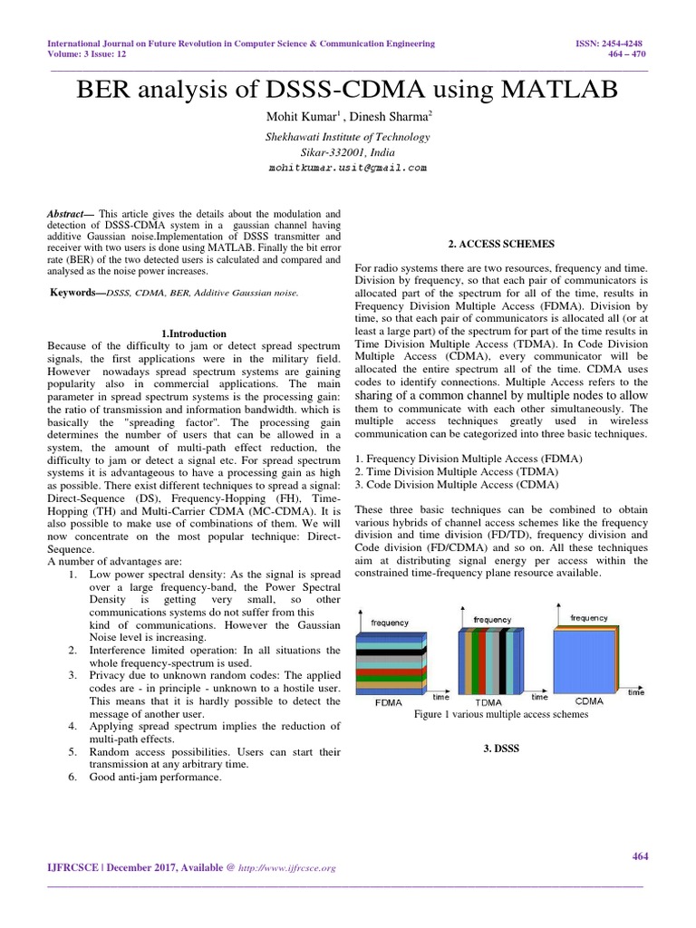 BER Analysis of DSSS-CDMA Using MATLAB | PDF | Channel Access Method ...