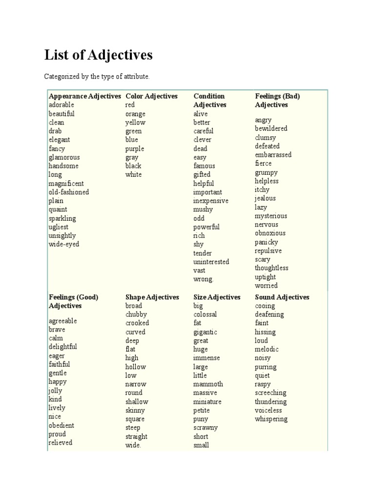 List of Adjectives: Appearance Adjectives Color Adjectives Condition ...