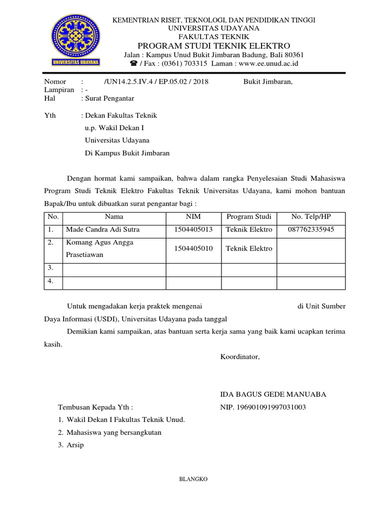 Contoh Surat Pengantar Kerja Praktek (KP) | PDF