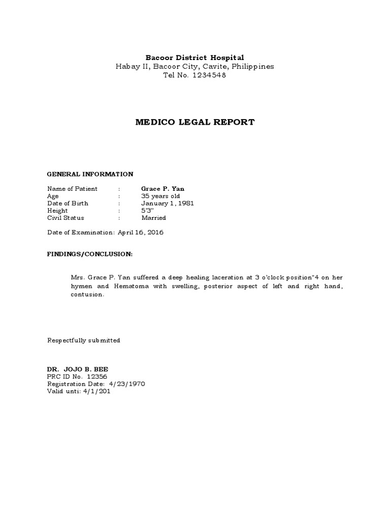 Medico Legal Report: Habay II, Bacoor City, Cavite, Philippines Tel No ...