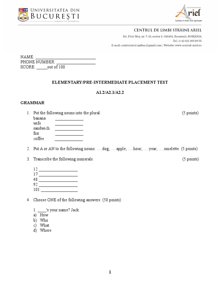 Elementary/Pre-Intermediate Placement Test A1.2/A2.1/A2.2 Grammar | PDF ...
