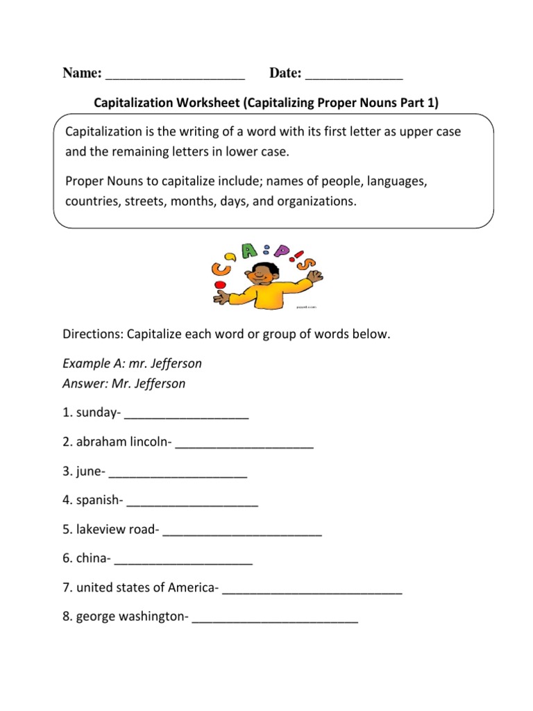 Name: - Date: - Capitalization Worksheet (Capitalizing Proper Nouns ...