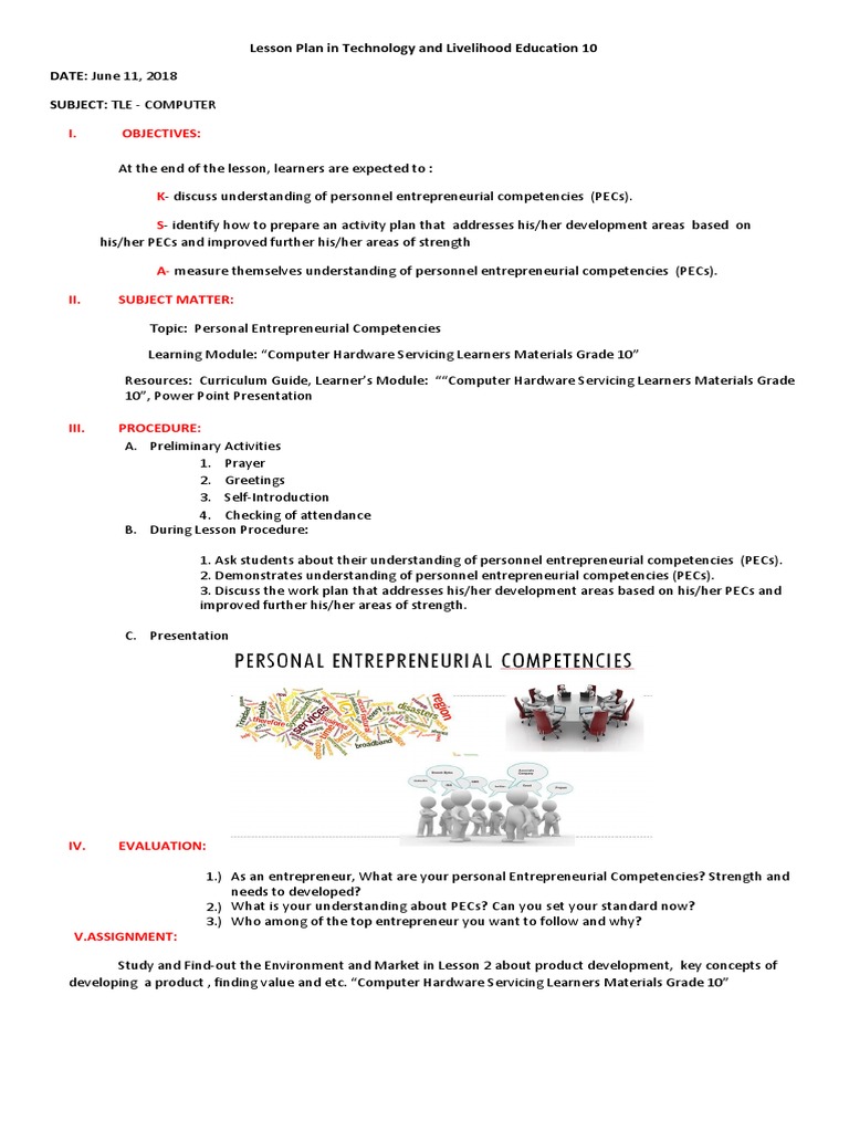 TLE Lesson Plan: Personal Entrepreneurial Competencies | PDF