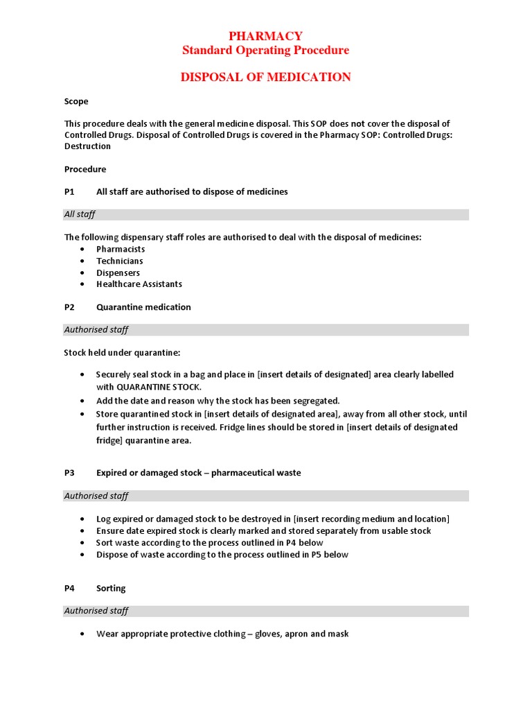 Pharmacy Standard Operating Procedure Disposal of Medication | PDF ...