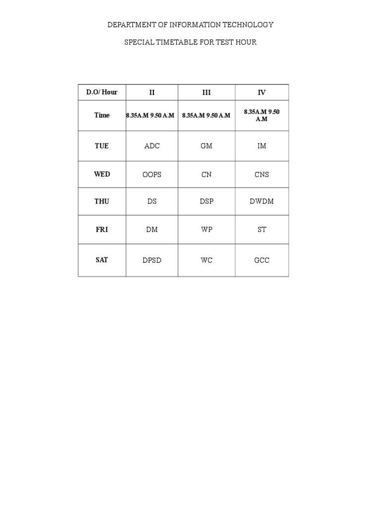 Department of Information Technology Special Timetable For Test Hour | PDF