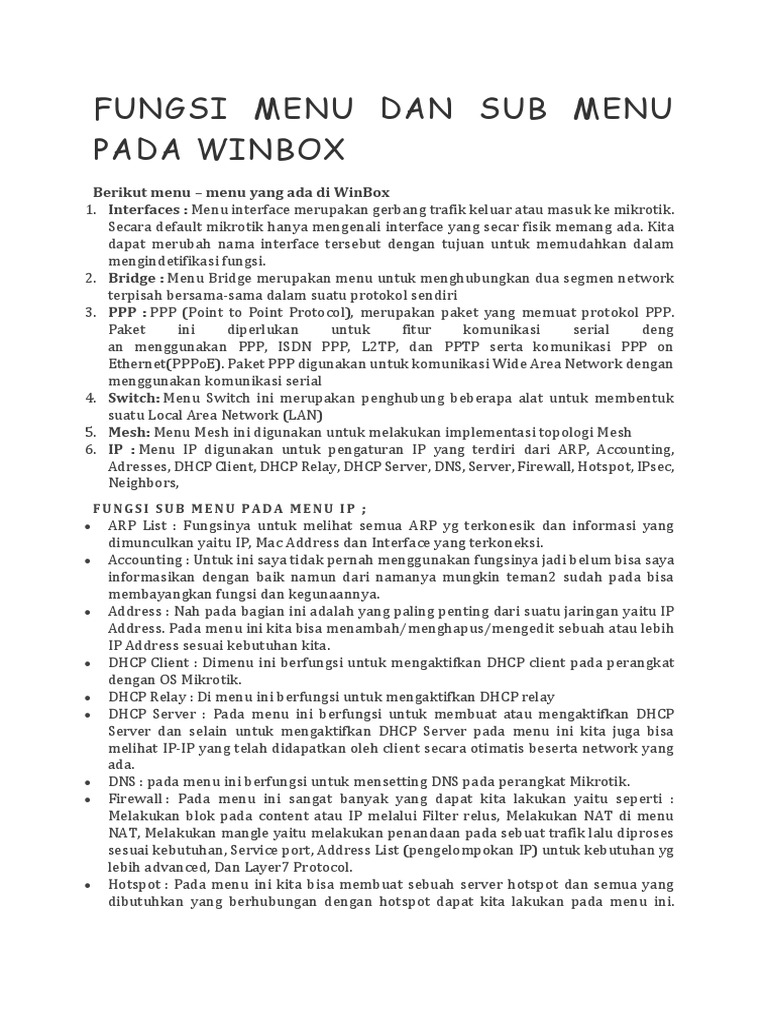 Fungsi Menu Dan Sub Menu Winbox | PDF
