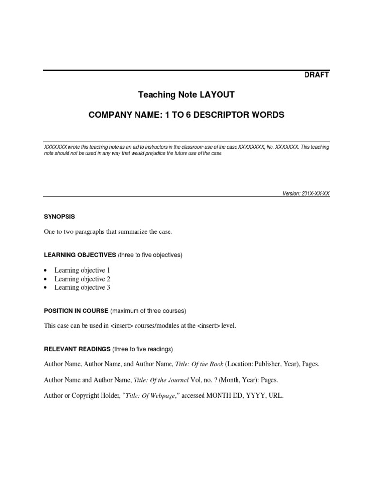 Teaching Note LAYOUT Company Name: 1 To 6 Descriptor Words: Draft ...