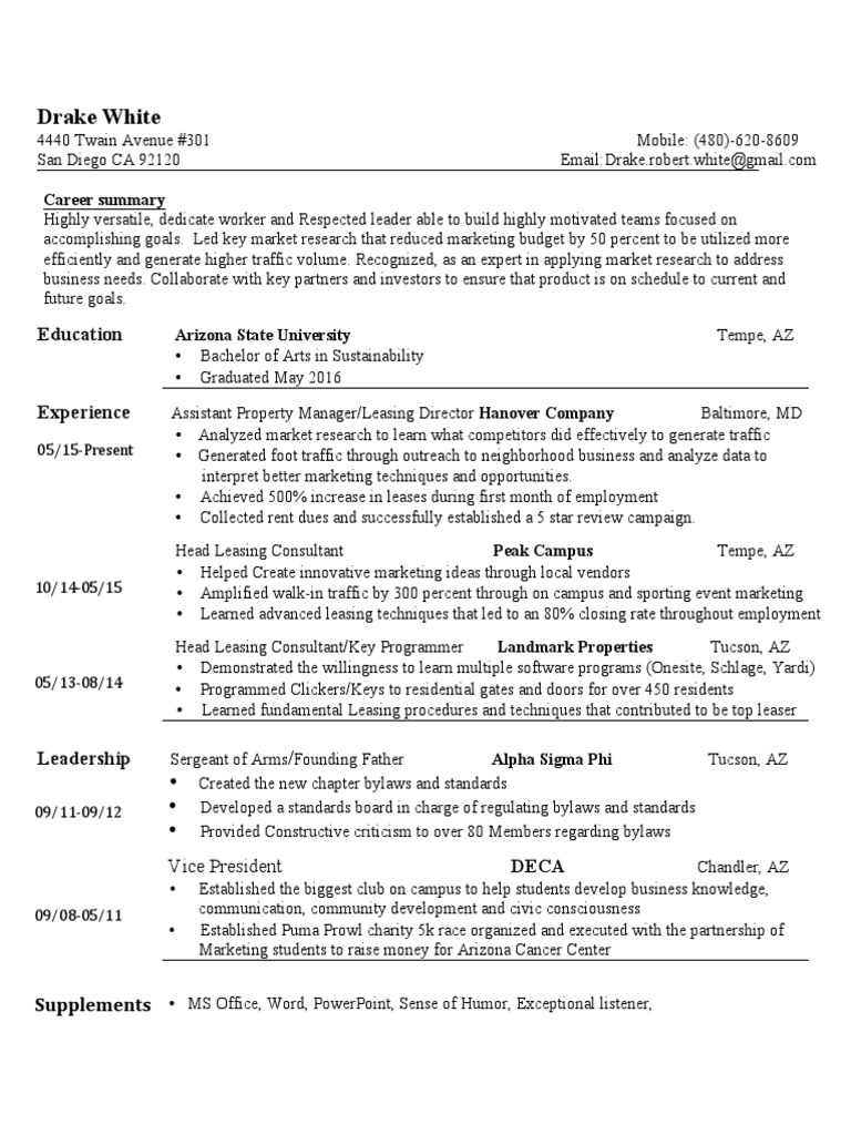 Drake White Resume 7.10.18 PDF | PDF | Arizona | Leadership