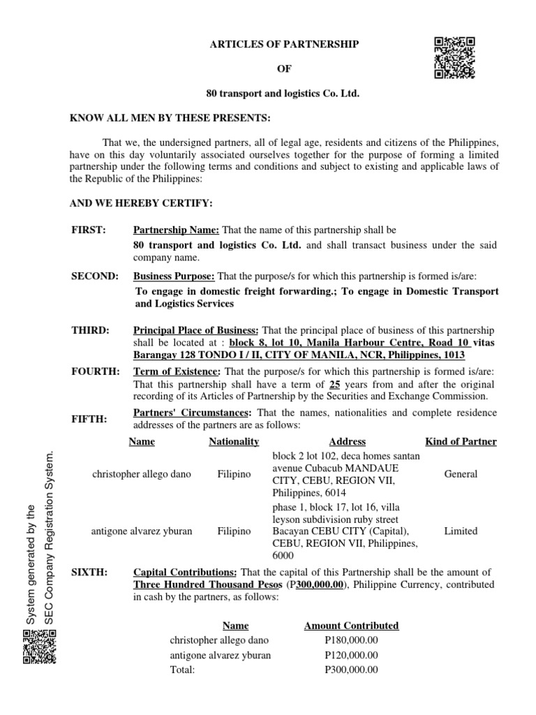 Partnership Agreement for 80 Transport | PDF | Philippines | Business