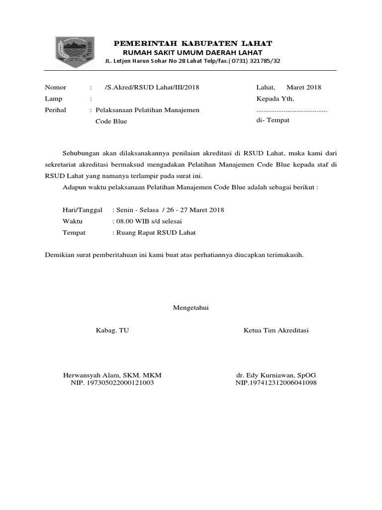 Surat Pemberitahuan Code Blue | PDF