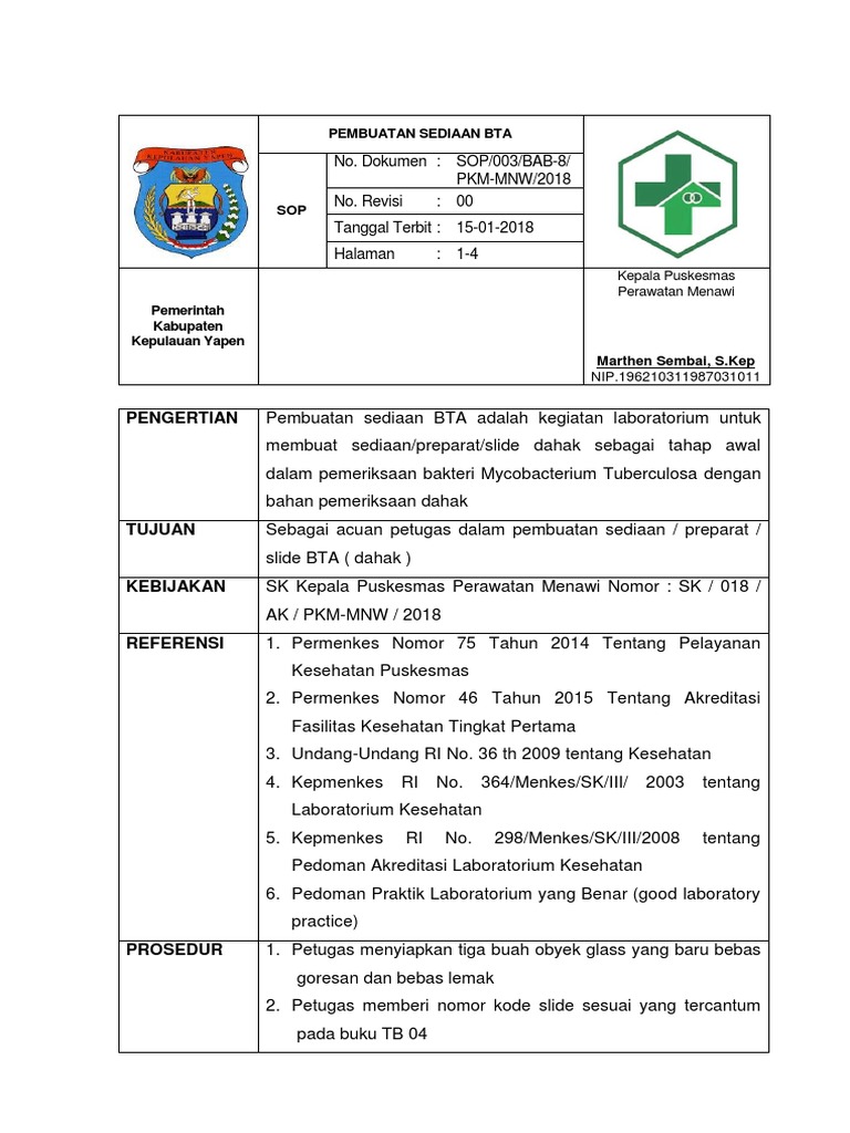 Prosedur Pembuatan Sediaan BTA | PDF
