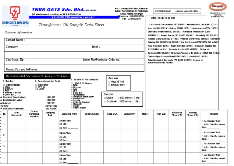 Transformer Oil Sample Data Sheet-F4-ToDS-Rev01 02012015 | PDF