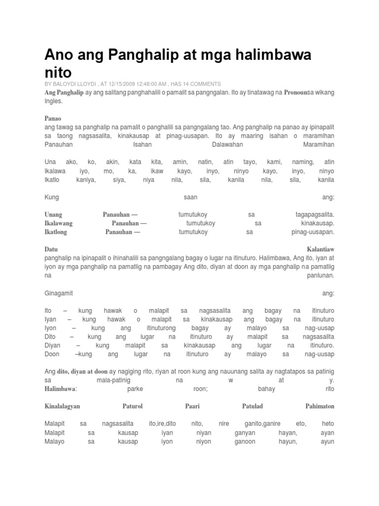 Ano Ang Panghalip at Mga Halimbawa Nito1 | PDF