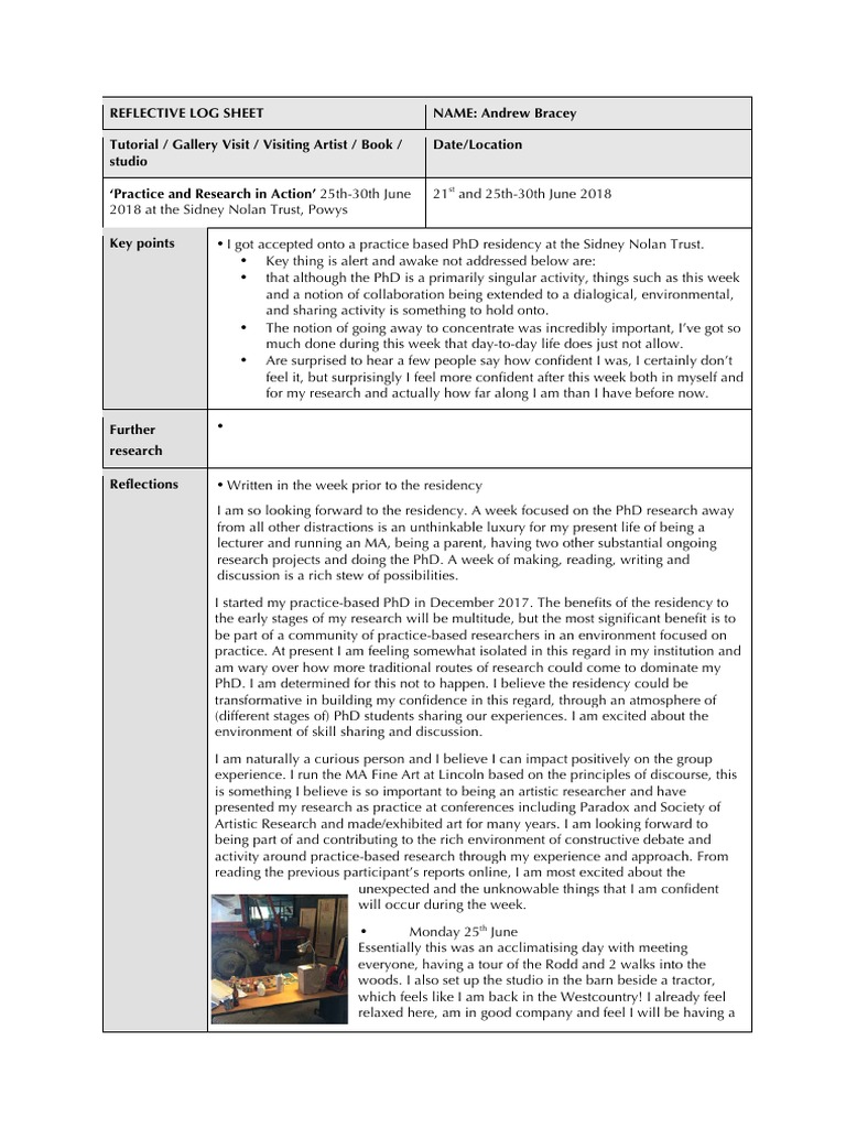 Reflective Log Sheet NAME: Andrew Bracey Tutorial / Gallery Visit ...