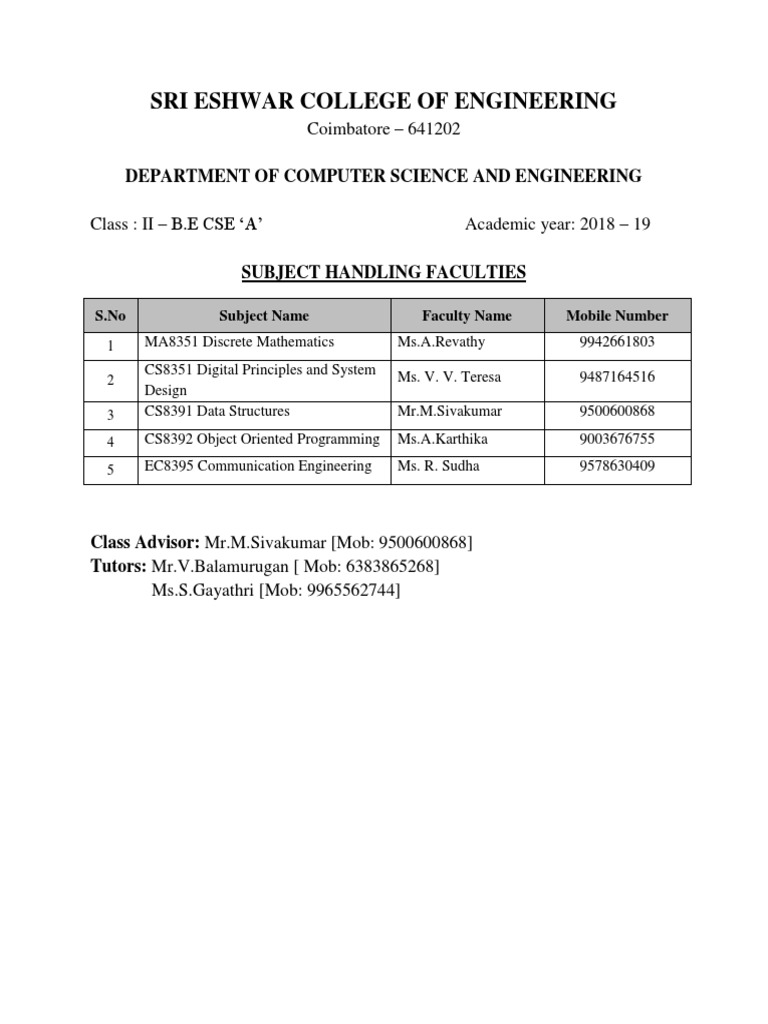Subject Handling Faculties II CSE A | PDF