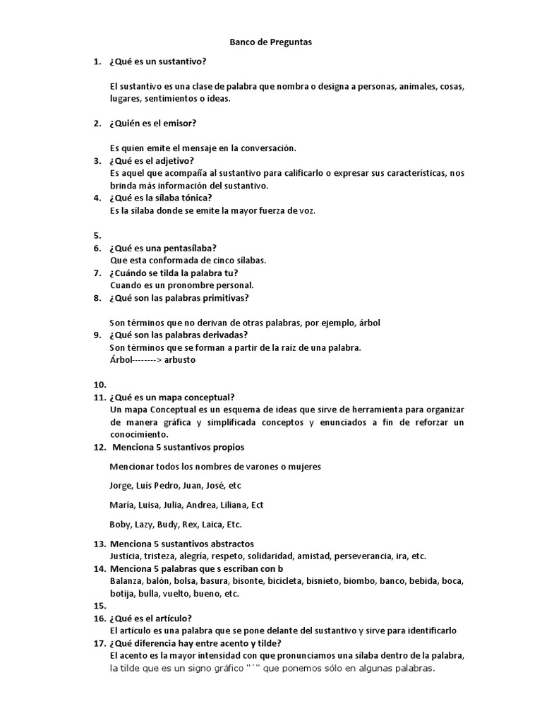 Banco de Preguntas Quinto Grado | PDF | Sustantivo | Adjetivo
