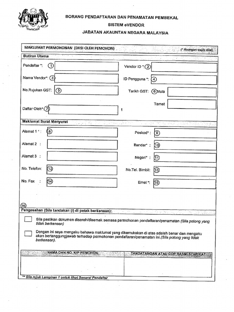 BORANG PENDAFTARAN DAN PENAMATAN PEMBEKAL SISTEM eVENDOR PDF | PDF